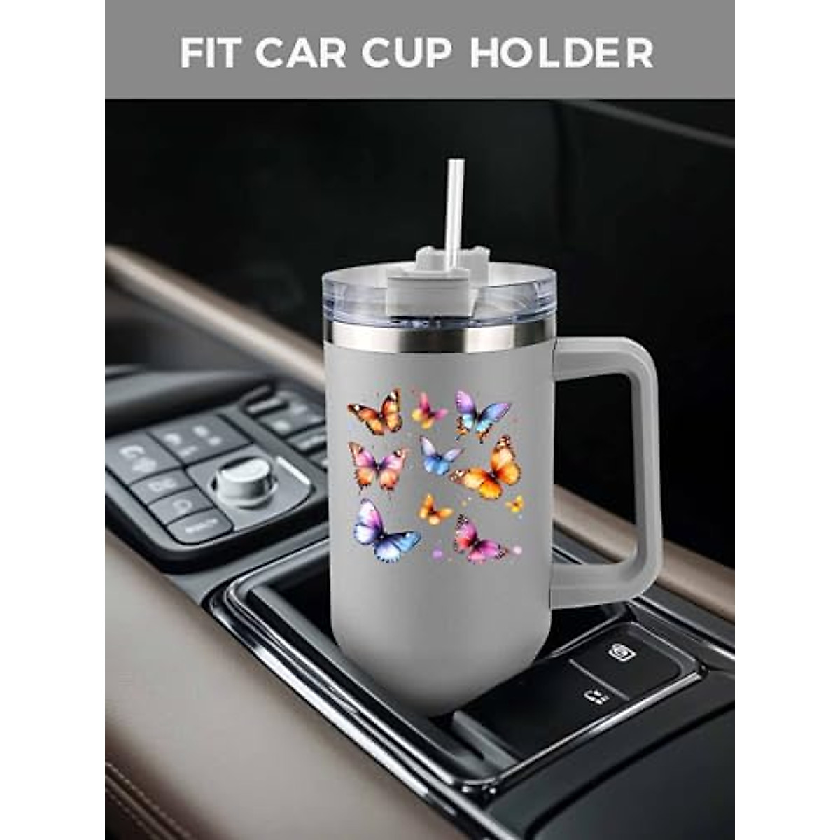 40 ounce insulated cup with handle, double-layer vacuum stainless steel material, equipped with straw, can keep warm or maintain cold drinks Colorful Butterfly grey