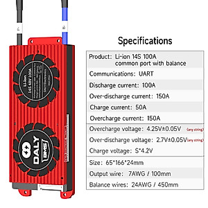 DALY Smart BMS Li-ion 48V 14S 100A with UART Communication, Resetting Bluetooth Module,Common Port for RV Lithium Power Rated 3.7V Converter (Smart BMS,100A)