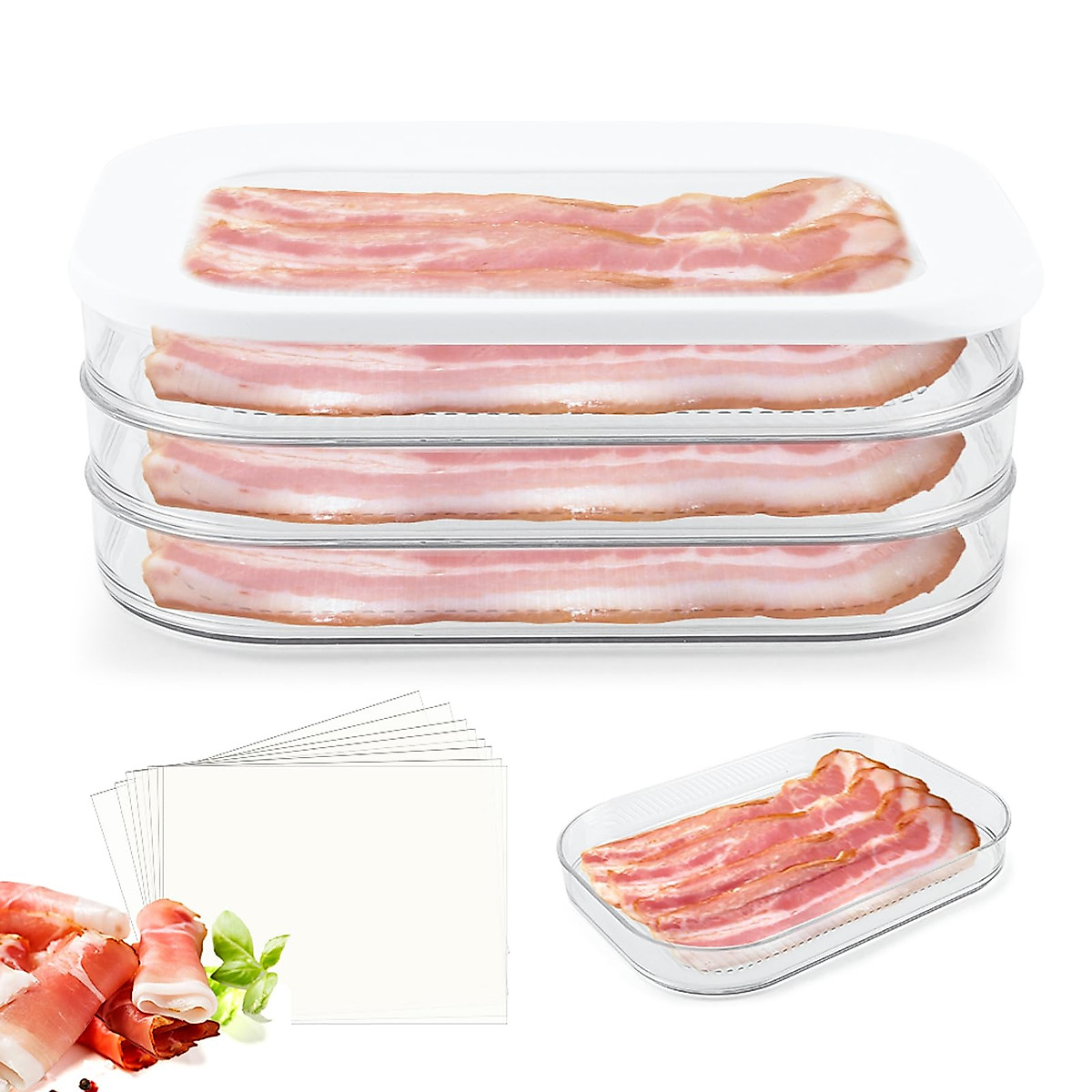 Deli Meat Container for Fridge,Airtight Bacon Lunch Meat Container for Refrigerator, 18.6oz Meal Prep Containers with 50pcs Baking Paper,Stackable Food Storage Boxes with Lid