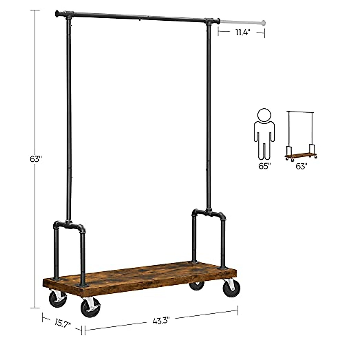 VASAGLE Rolling Clothes Rack, Garment Rack for Hanging Clothes with Wheels, Hanging Rail and Shelf, Heavy-Duty, Industrial Pipe Design, Rustic Brown and Black URGR110B01