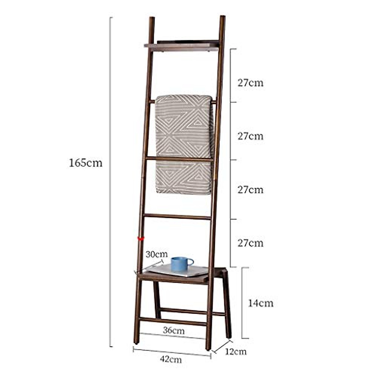 Free Standing Blanket Ladder Towel Drying Rack, Bamboo Towels Rack Stand with Storage Shelf Tall for Bathroom, Bedroom, Brown