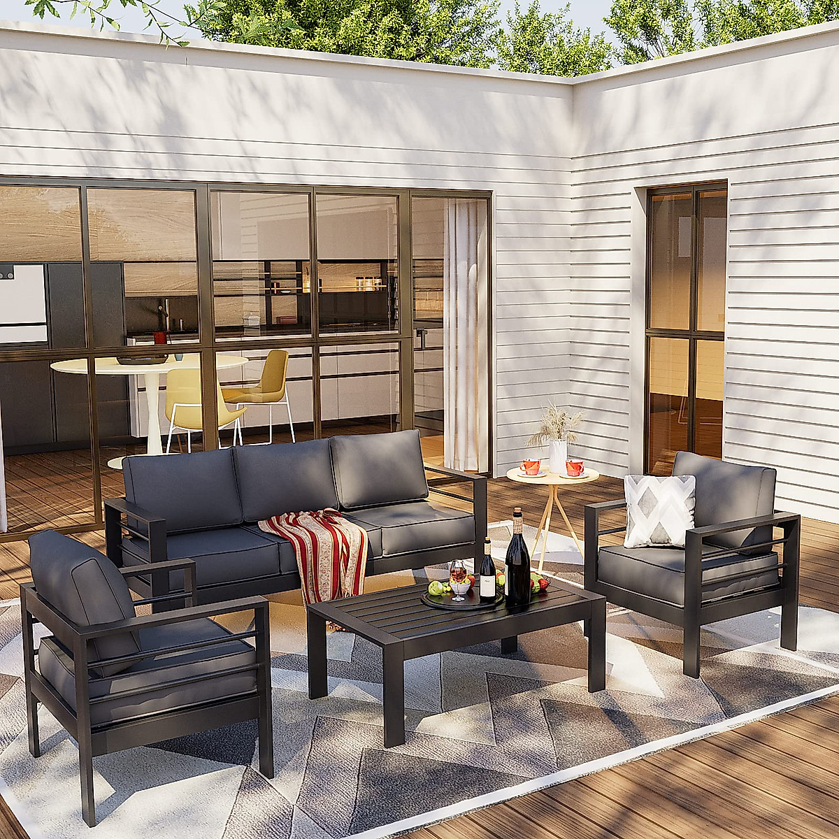 Amopatio Aluminum Patio Furniture Set, 6 Pieces Modern Patio Conversation Sets, Outdoor Sectional Metal Sofa with Coffee Table for Balcony, Garden, Dark Grey (Included Waterproof Covers)