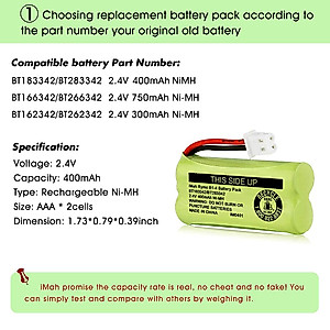 iMah BT183342/BT283342 2.4V 400mAh Ni-MH Battery Pack Compatible with AT&T VTech Cordless Phone Batteries BT166342/BT266342 BT162342/BT262342 2SN-AAA40H-S-X2, Pack of 2