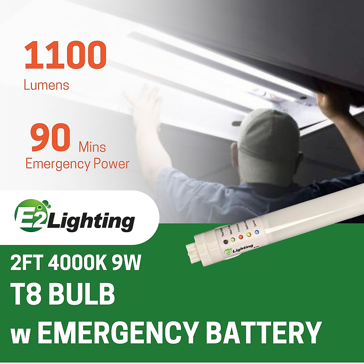 E2 Lighting LED Emergency T8 Tube, 2FT-9W, with Integrated Battery Backup (4000K)