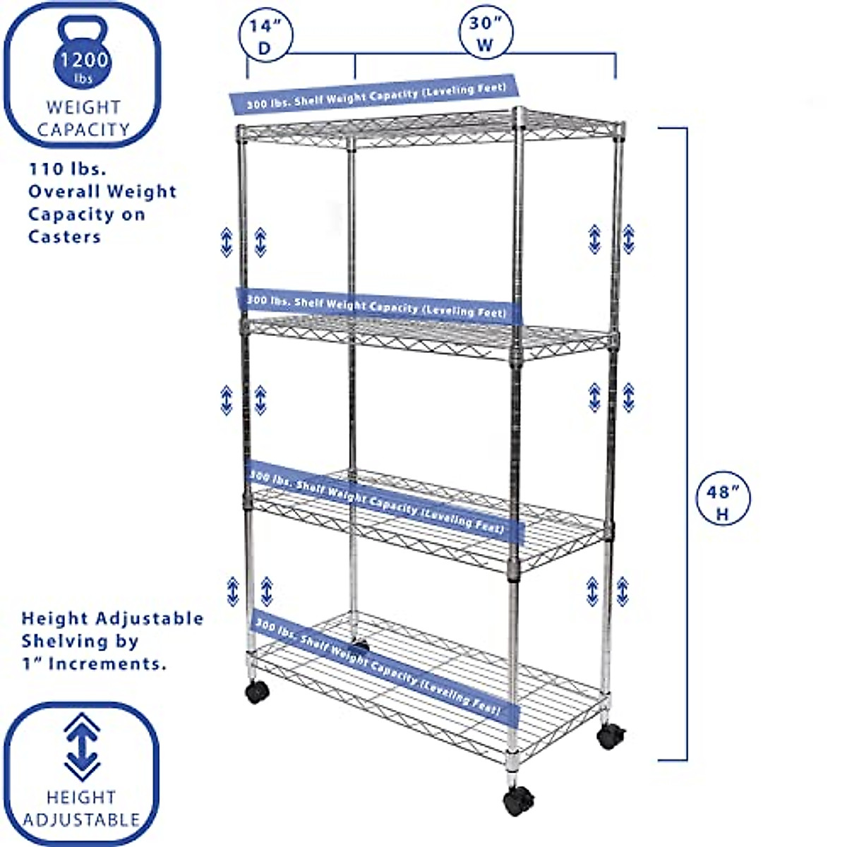 Seville Classics Solid Steel Wire Shelving Storage Unit Adjustable Shelves Organizer Rack, for Home, Kitchen, Office, Garage, Bedroom, Closet, Steel, 4-Tier, 30" W x 14" D