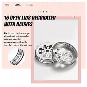 16 Pcs Daisy Mason Can Jar Lids Regular Mouth Jar with Lids Flower Canning Lids for Mason Canning Regular Jar Split-Type Canning Lids Rustproof Daisy Cut with Straw Hole for Mason, Ball, Canning Jar