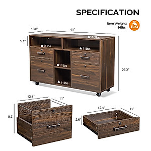 VINGLI Wide 4 Drawer File Cabinet with Lock, Wood Lateral File Cabinet with Open Shelves, Lockable Rolling File Cabinets for Home Office, Dark Brown File Cabinet Printer Stand, Letter Sized