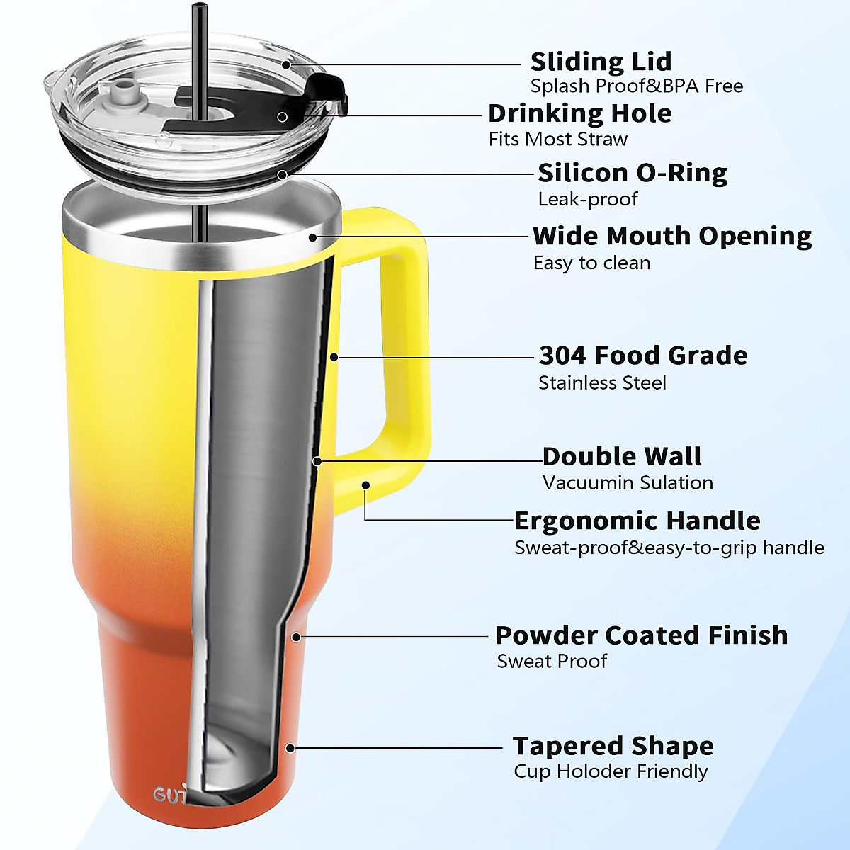 GUDEMAO 40 oz Tumbler with Handle, Insulated Tumbler with Lid and Straw, Reusable Stainless Steel Vacuum Insulated Cup, 100% Leak Proof Thermal Travel Coffee Mug Cup for Cold and Hot (Gold Orange)