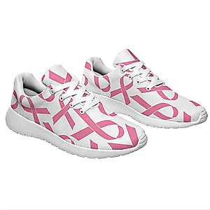 Breast Cancer Shoes for Women Fashion Breathable Running Sneakers Ladies Cancer Pink Ribbon Shoes White Size 5