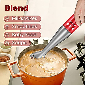 COMFEE' Immersion Hand Blender, Brushed Stainless Steel, 2-Speed, Multipurpose Stick Blender with 200 Watts, 600ml Mixing Beaker and Whisk, Perfect for Baby Food, Smoothies, Sauces and Soups, Red
