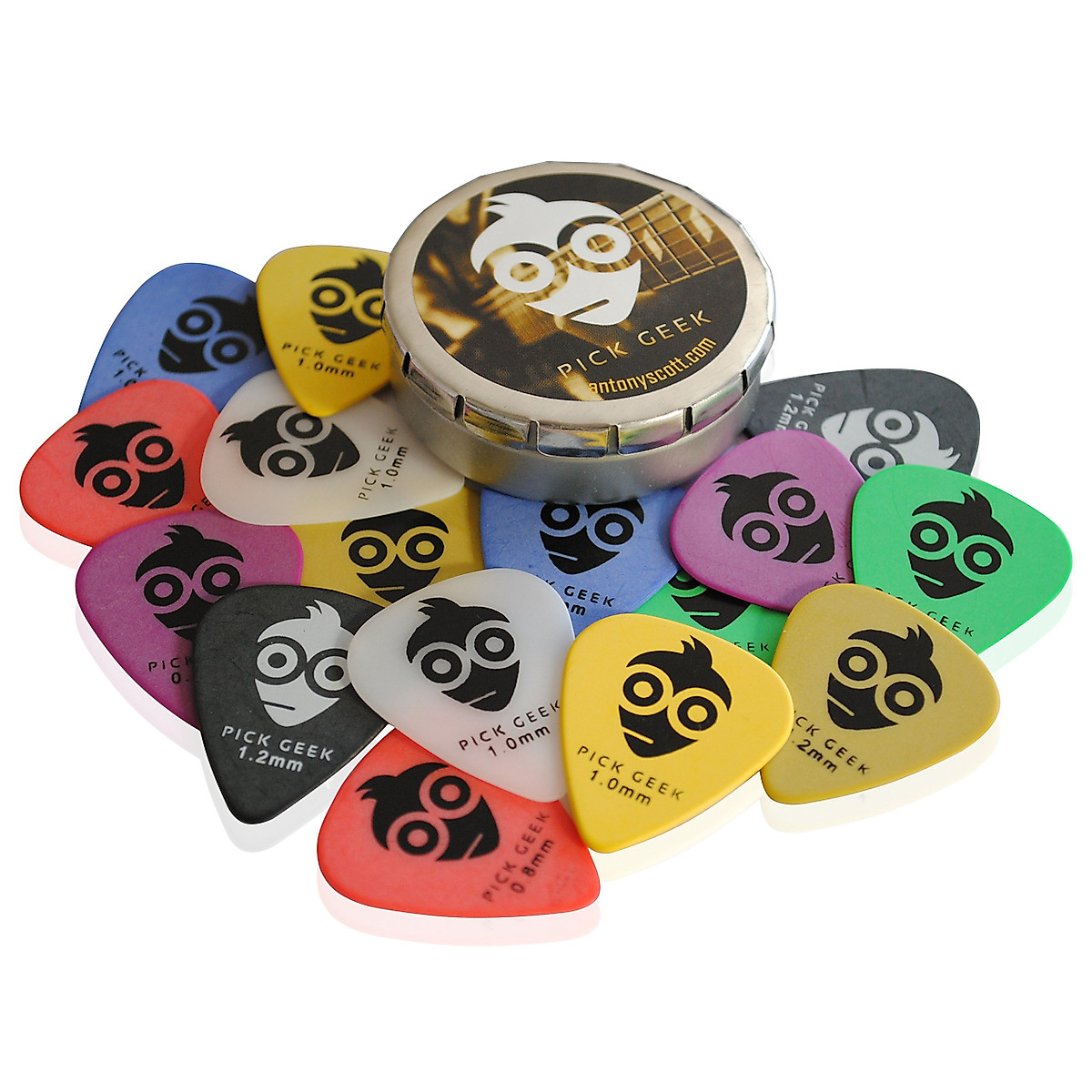 Pick Geek TRIO | 3 Sets of Premium Guitar Picks (Plectrums) | for Your Electric, Acoustic, or Bass Guitar | X Heavy, Heavy, Medium & Light | Gifted in 3 Metal Pocket 'Click Clack' Boxes