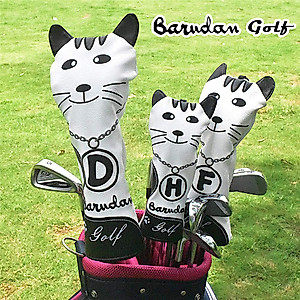 Barudan Golf Wood Headcovers Head Covers Set for 1 Driver 460cc Fairway Hybrid Rescue Utitliy with Adjustable Number tag Black and White Kitten Animal Series Leather Well Made