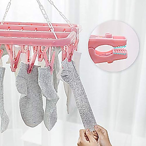 SteelFever Clothes Drying Hanger with 32 Clips, Foldable Hanging Drying Rack for Clothes Underwear Socks (Pink)