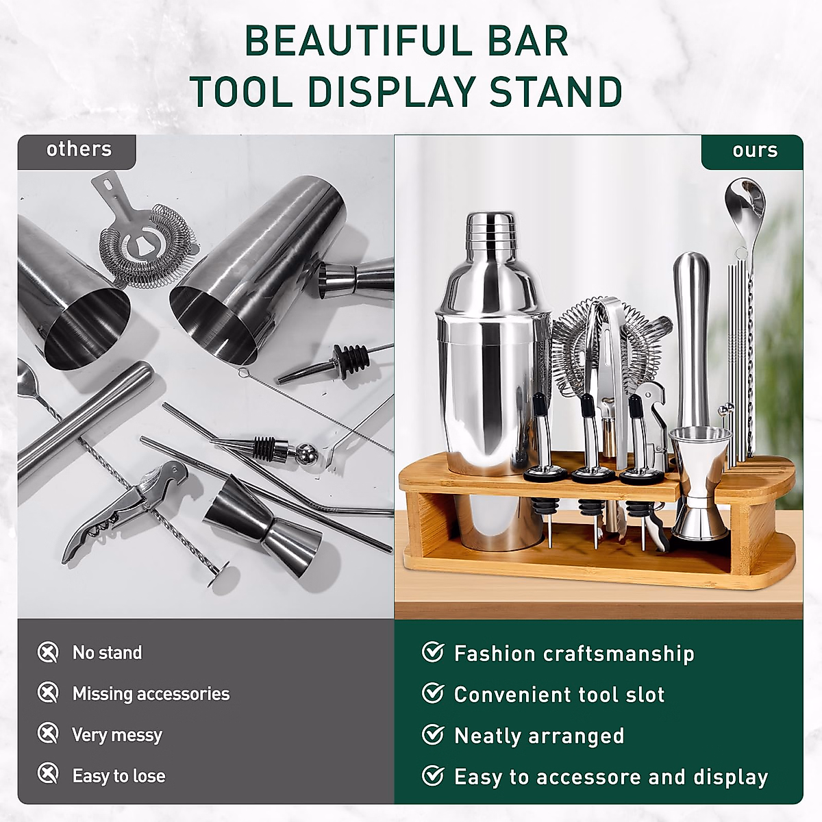 CasaCulina Cocktail Shaker Set Mixology Bartender Kit with Stand, 17 Piece Bar Tool Set: Martini Shaker, Jigger, Strainer, Mixer Spoon, Muddler, Liquor Pourers for Drink Mixing Bartending Kit(Silver)