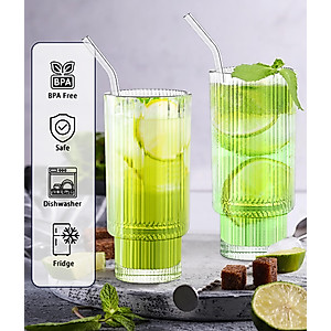 16oz Ribbed Drinking Glasses Set of 4, Clear Reusable Ribbed Glassware, Iced Coffee Cup, Cocktail Can Beer Glasses Cups with Straws, Vintage Wine Tea Water Glass Tumbler, Cute House Warming Gifts