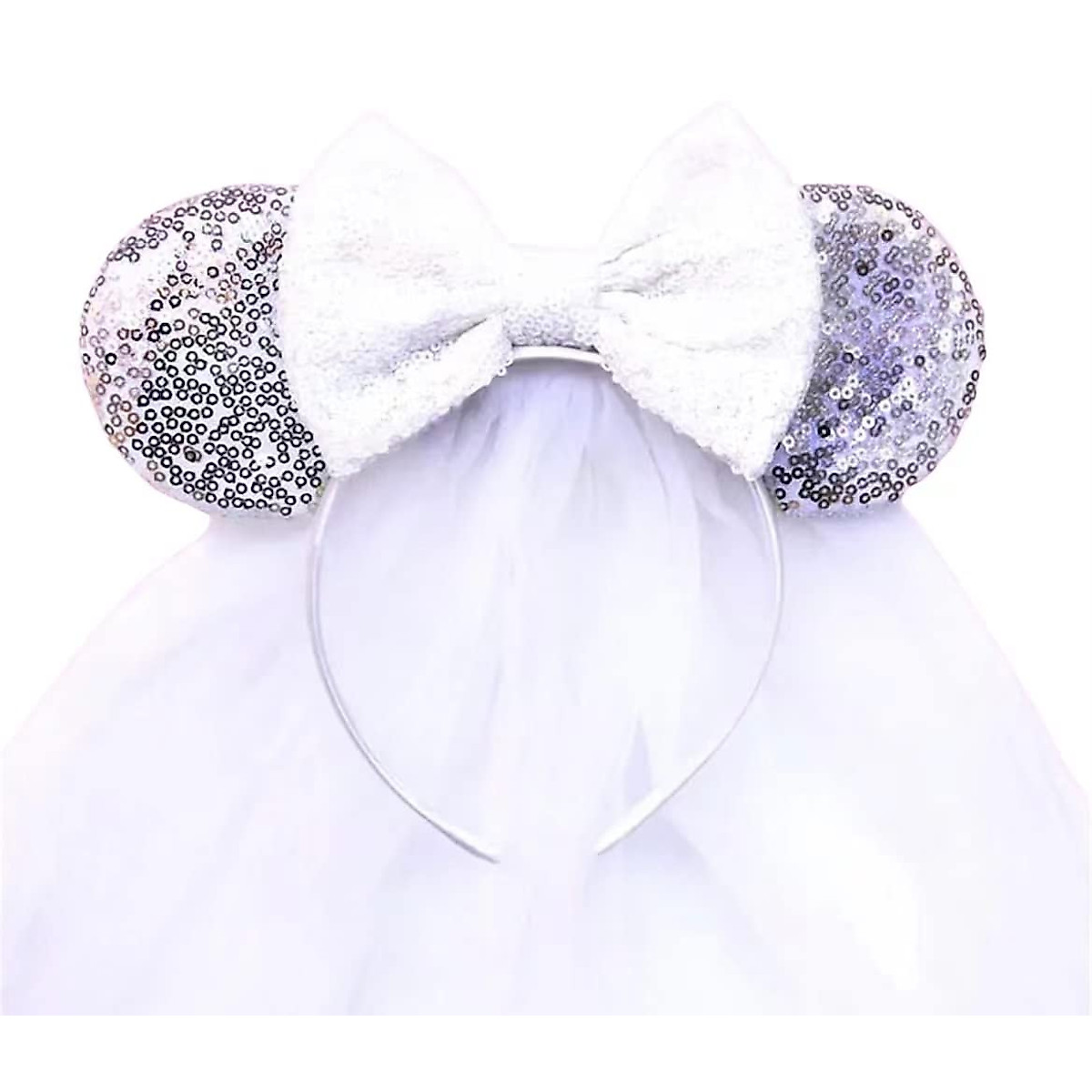 CLGIFT Bride Minnie Ears Headband, White Veil Bride Minnie Ears, Honeymoon Ears, Wedding Ears, Bachelorette Party Ears (Silver & White)