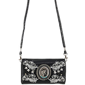Zelris Western Horse Portrait Star Floral Women Crossbody Wrist Trifold Wallet (Black)