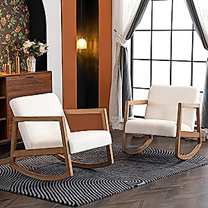 SENYUN Rocking Chair Nursery, Teddy Fabric Upholstered Glider Chair for Nursery, High Backrest Accent Chairs Rocker Wooden Armchair for Living Room, Bedroom