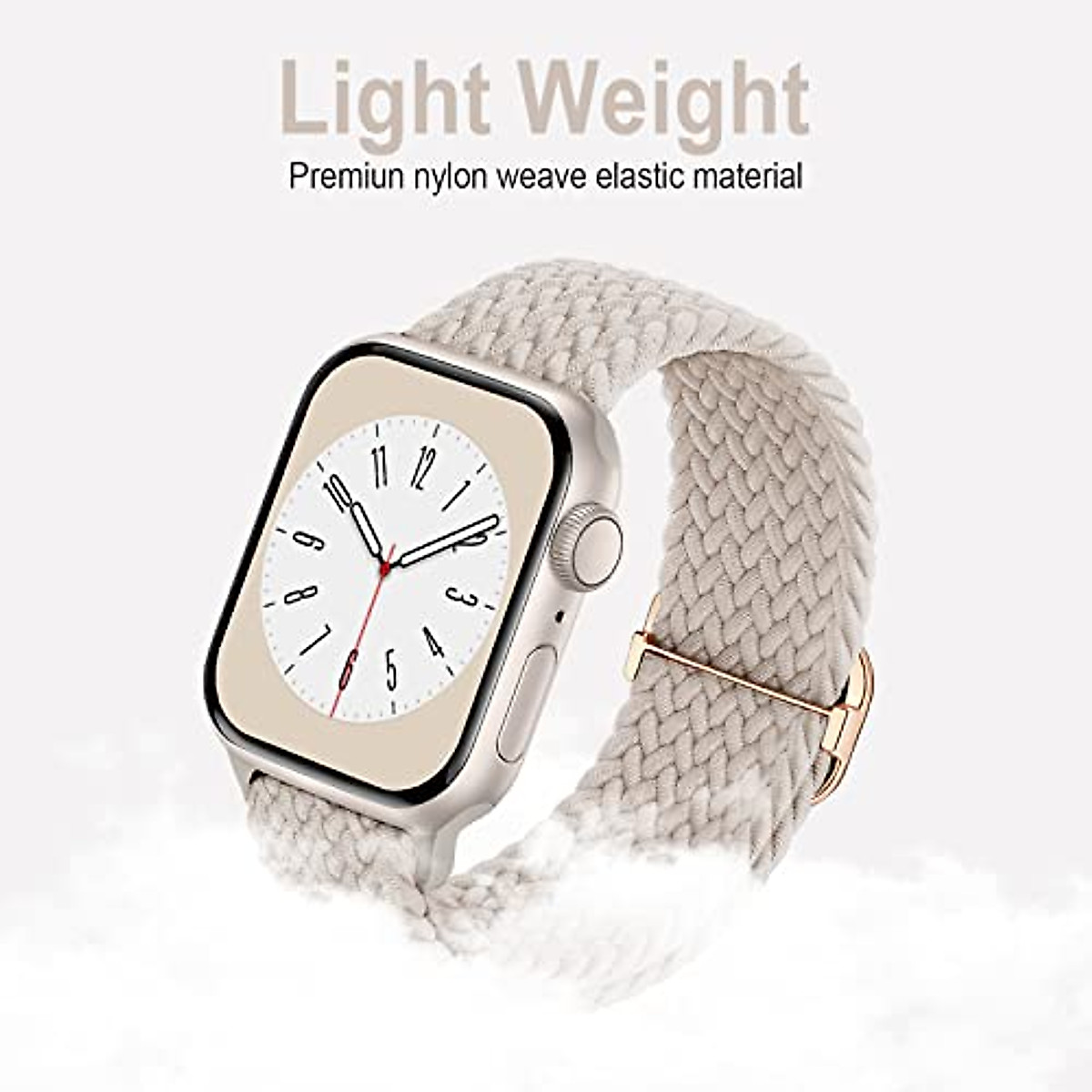 Braided Solo Loop Compatible with Apple Watch Band 38mm 40mm 41mm 42mm 44mm 45mm 49mm for Women Men, Stretchy Straps Elastic Sport Wristbands for iWatch Series 8 7 6 5 4 3 2 1 SE Ultra, Starlight