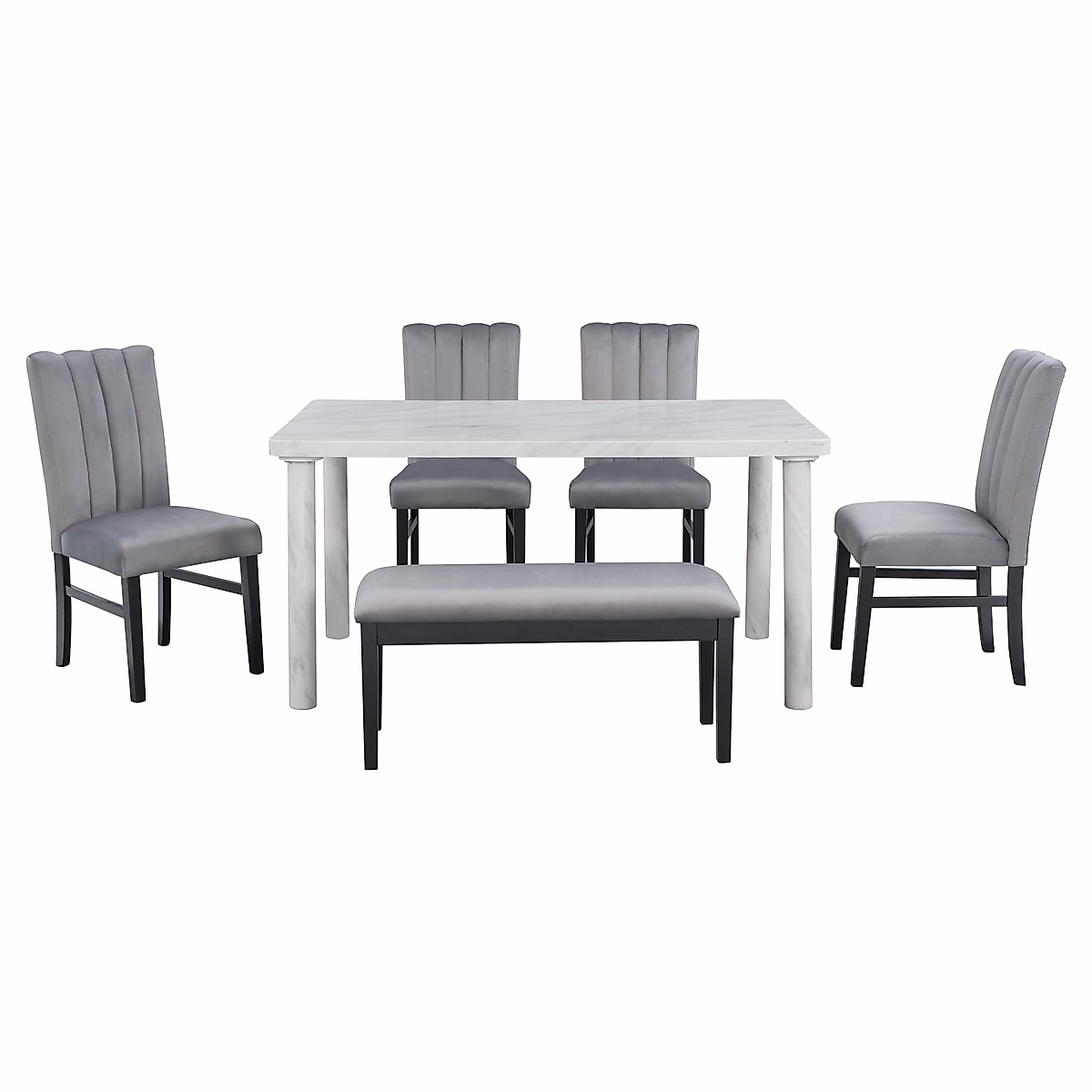 Harper & Bright Designs Dining Table Set for 6 with Marble Veneer Table and 4 Flannelette Upholstered Dining Chairs & Bench, 6 Piece Dining Room Table Set for Kitchen Living Room, White+Gray