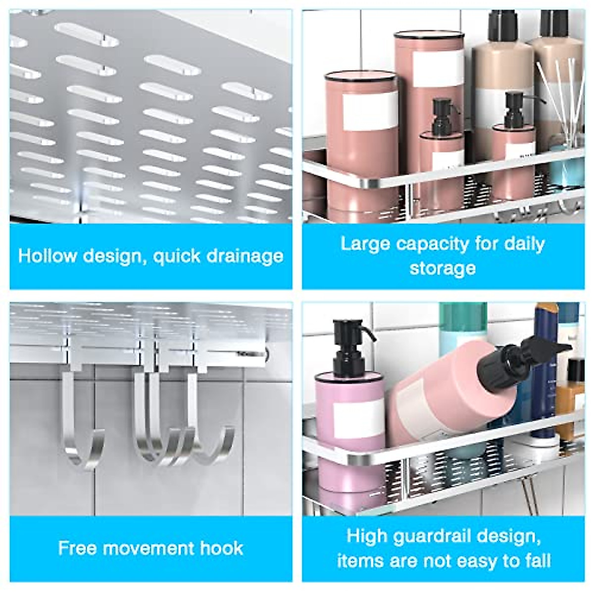 Shower Caddy Bathroom Shower Organizer No Drilling/Drilling Install Shower Shelf for Inside Shower with 8 Hooks Detachable Wall Mounted Shower Shelves for Dorm Bathroom Toilet Kitchen Storage