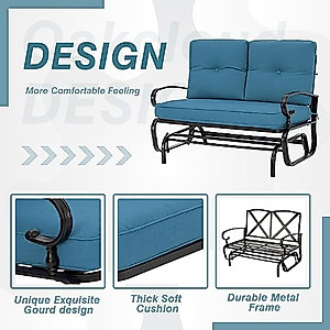 Oakcloud 5-Piece Outdoor Metal Furniture Sets Patio Conversation Set Wrought Iron Glider, 2 Single Chairs, Loveseat and Coffee Table, Peacock Blue