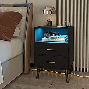 LVSOMT Black Nightstand with Charging Station and LED Lights, Modern Bedside Table Smart Night Stand, End Side Table with 2 Drawers, Open Storage Shelf, USB Port for Bedroom Living Room