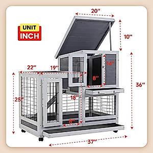 Rabbit Hutch Indoor and Outdoor Rabbit Cage 37 Inch Wide Wooden Hutch House Guinea Pig Cage with Wheels Rolling Large Hutch Cage,Grey