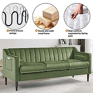 Altillo Modern 3 Seats Chesterfield Sofa Couch with Storage Side Pocket, Comfortable Upholstered Velvet Sofa with Wooden Wood Legs for Living Room Bedroom Office (Green)