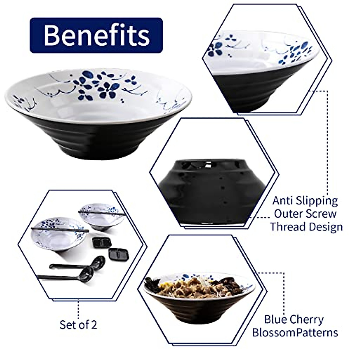 TP 60oz Ramen Bowls, 8-piece Unbreakable Japanese Melamine Noodles Bowls for Pho and Asian Dishes with Chopsticks Spoons set and Dipping Bowls, Set of 2