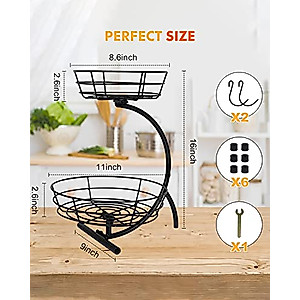 covsus 2 Tier Countertop Fruit Basket Bowl with Banana Hanger for Kitchen Counter, Wire Fruit Stand Holder for Fruits Vegetable Storage, Black