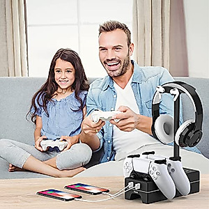 PS5 Controller Charger, Hiree RGB PS5 Controller Charging Station with 2 USB Charging Ports, Headphone Stand, Compatible with Sony Playstation 5 Dualsense Controller