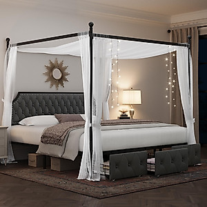 Keyluv King Upholstered Canopy Bed Frame with 3 Drawers and Button Tufted Headboard Metal Platform Bed with 4 Removable Posts Two-Purpose Velvet Bed No Box Spring Needed Dark Grey/Curtain Not Included