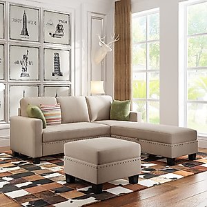 FIQHOME 81" Reversible, L-Shaped Couch with Storage Ottoman,Sectional Chaise,Nailheaded Textured Fabric 3 Pieces Sofa Set,Warm Grey