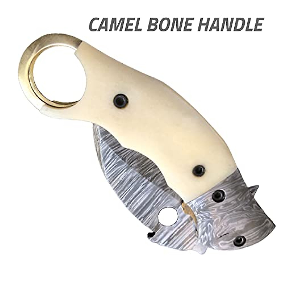 Custom Handmade Damascus Steel Karambit Folding Knife Pocket Knife Everyday Carrying Knife Camel Bone Handle with Leather Sheath