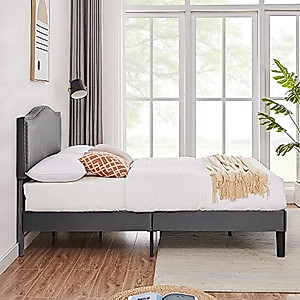 VECELO Queen Bed Frame Platform Bed Frame with Upholstered Headboard, Strong Frame and Wooden Slats Support, Strong Weight Capacity, Non-Slip and Noise-Free, Easy Assembly,Dark Grey