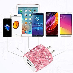 USB Wall Charger Bling 5V/2.4A 24W Dual Port Fast Charger Plug Cell Phone Block Adapter Pink for iPhone Android Samsung iPad Tablet etc.
