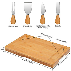 Bamboo Cheese Board and Knife Set, Cheese Plate Charcuterie Platter Serving Tray for Wine, Crackers, Brie and Meat, Large Thick Wooden Server, Fancy House Warming Gift for Gourmets (16''x10'')