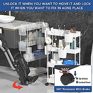 VANDHOME 4-Tier Slim Storage Utility Rolling Cart with Wheels Multifunction Organizer Slide Out Trolley Cart for Kitchen Bathroom Narrow Places with Hanging Cups Dividers - White