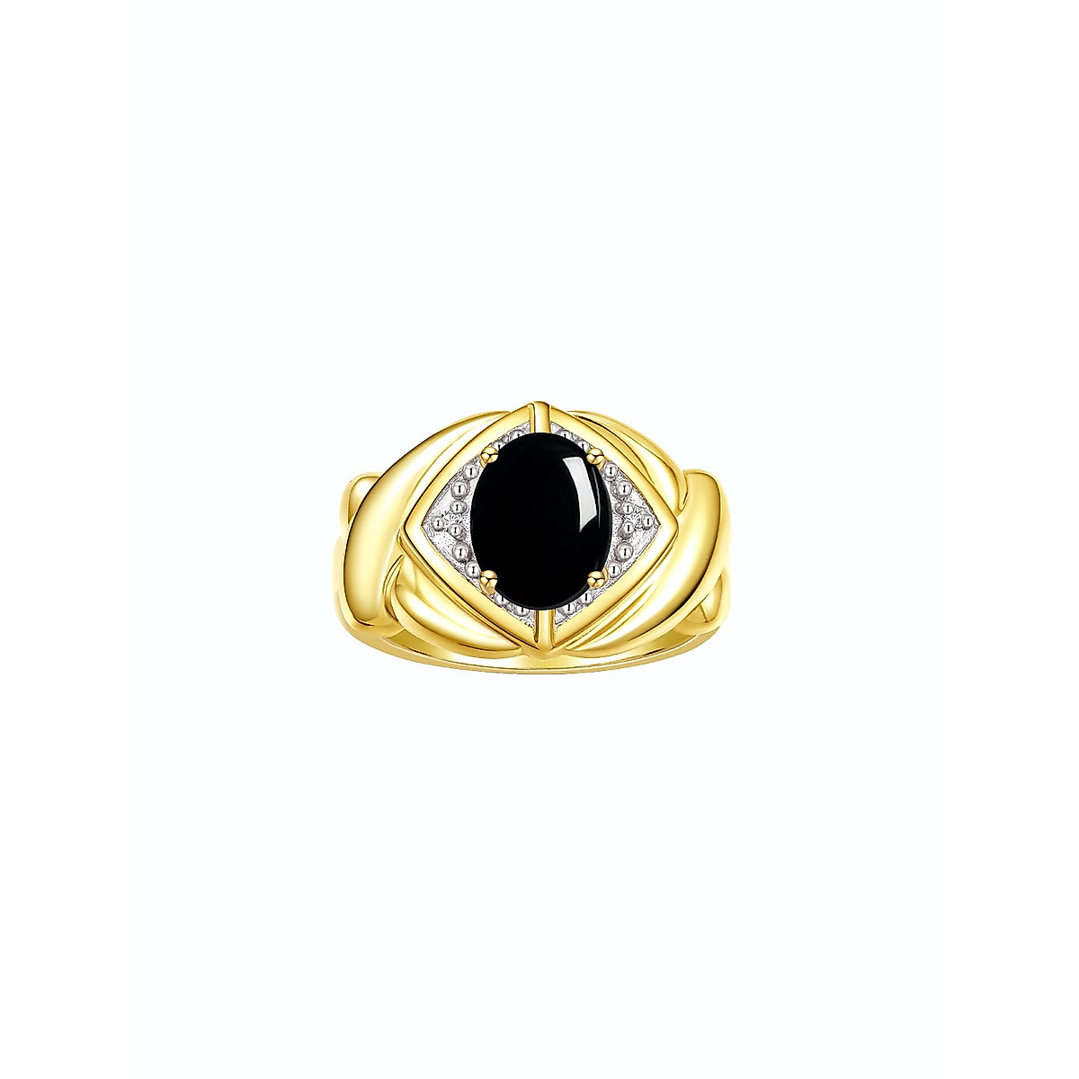 RYLOS Rings for Women 14K Gold Plated Silver Ring XOXO Hugs & Kisses 9X7MM Gemstone & Diamond Ring October Cabochon Onyx Jewelry for Women Size 7