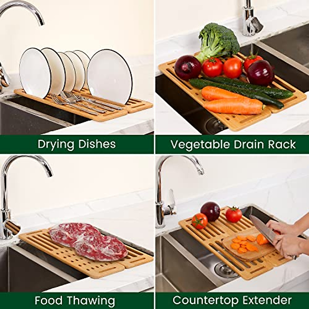 HOUSE AGAIN Foldable Bamboo Dish Drying Rack, Over The Sink Drying Rack, Dish Drainer for Kitchen Contertop, Multipurpose Over Sink Kitchen Accessories, Sturdy Bamboo Material, Hold up to 55lbs