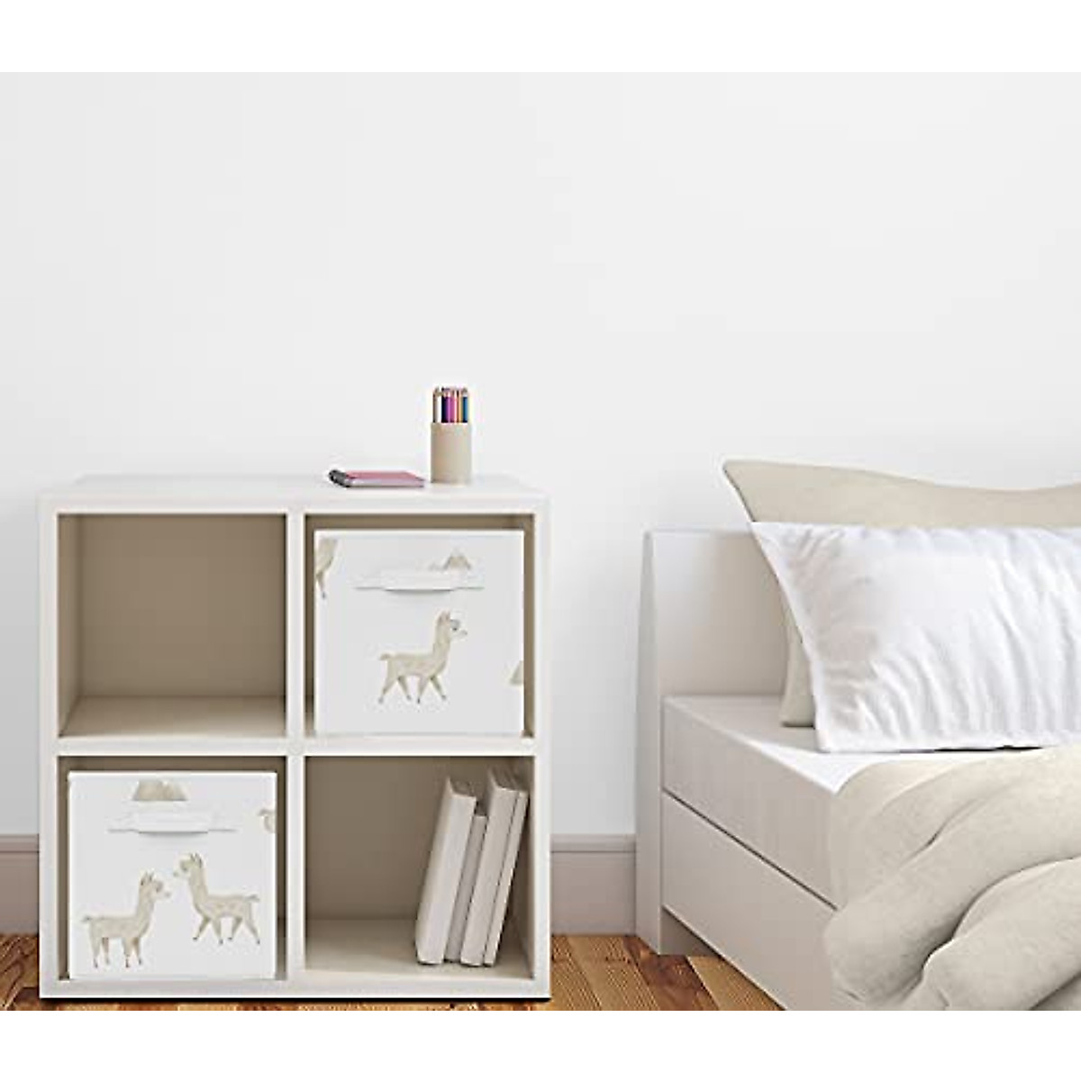 Sweet Jojo Designs Boho Llama Foldable Fabric Storage Cube Bins Boxes Organizer Toys Kid Baby Children - Set of 2 Gender Neutral Beige Taupe Tan Bohemian Southwest Watercolor Mountain Cactus Farmhouse