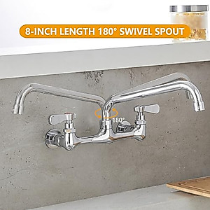 BATHLAVISH Wall Mount Kitchen Sink Faucet 8” Commercial Center Double Handle Bar Laundry Utility Swivel Spout Chrome Mixer Tap