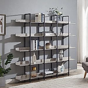 5 Tier Industrial Bookshelf, Triple Wide Wood Bookshelf with Metal Frame, Rustic Etagere Bookcase with Back Panel, Vintage Storage Rack with Open Shelves for Living Room, Bedroom, Study, Black&Gray