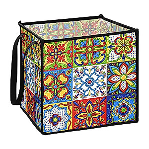 Kigai Mexican Talavera Cube Storage Bins, 13x13x13inch Collapsible Fabric Storage Cubes Organizer with Handles Decorative Storage Baskets for Home, Shelf, Closet