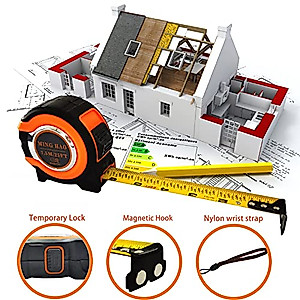 Tape Measure 25 Ft, Easy Read Fractions, Magnetic Hook, Bottom Temporary Finger Lock, Shock Absorbent Rubber Case