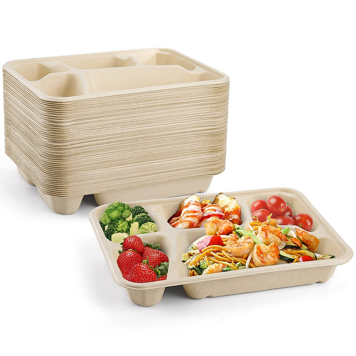 Elsjoy 50 Pack 5-Compartment Disposable Plates, 11" x 8" Compostable School Lunch Tray Divided Paper Plates, Eco-Friendly Sectional Plate Paper Tray for School, Party, Made of Sugar Cane Fiber