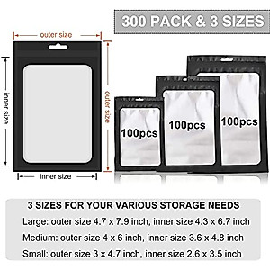 300 Pack 3 Sizes Resealable Mylar Bags Food Storage Smell Proof Bags with Front Window Packaging Pouch for Sample Snack Cookies Jewelry (Black, 3 x 4.7 inch,4 x 6 inch,4.7 x 7.9 inch)