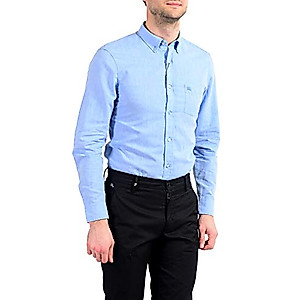 BURBERRY Men's Blue Linen Long Sleeve Button Down Shirt US S IT 48
