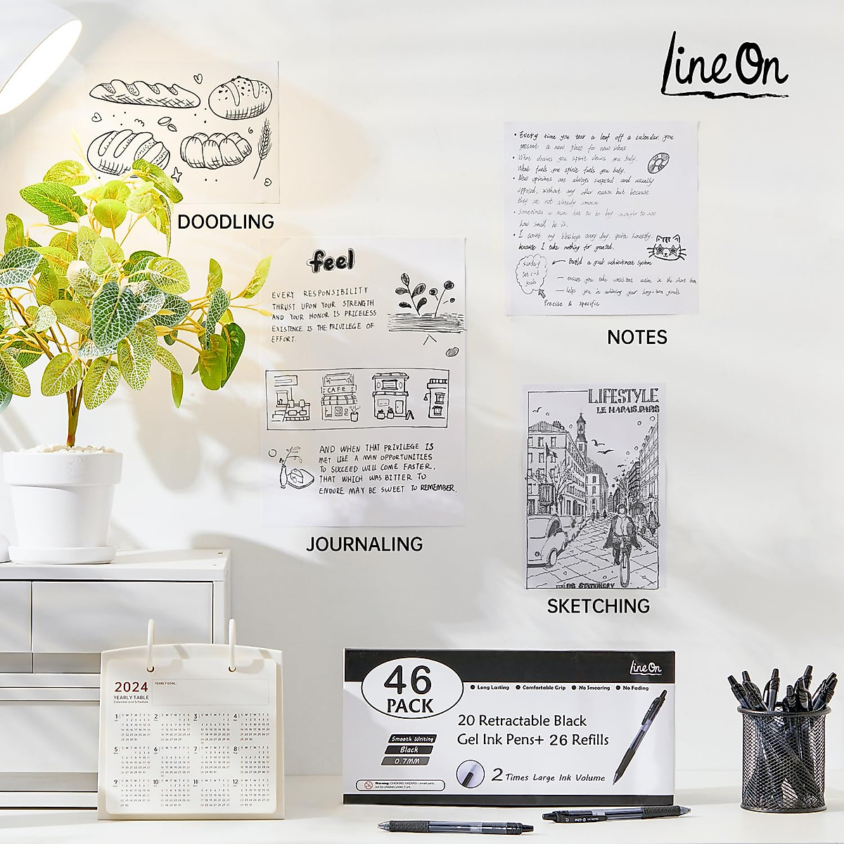 Black Gel Pens, 46 Pack(20 Gel Pens with 26 Refills) Lineon Retractable Medium Point Gel Pens Smooth Writing with Comfortable Grip for Office School